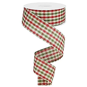 Primitive Gingham Check Wired Edge Ribbon, 10 Yards (Red, Moss, Ivory, 1.5")