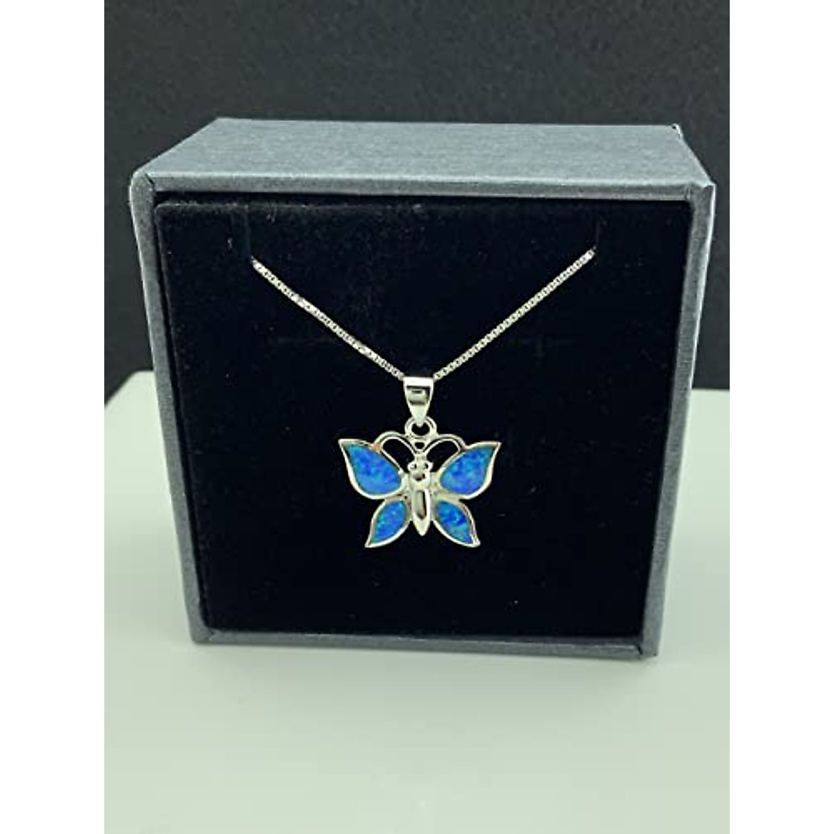 SILVERCLOSEOUT Rhodium Plated Sterling Silver Womens Created Blue Opal Butterfly Charm Necklace