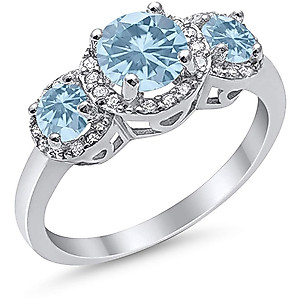 Blue Apple Co. Simulated Aquamarine CZ Size-11 3 Stone Halo Wedding Band Ring Round Simulated Cubic Zirconia 925 Sterling Silver