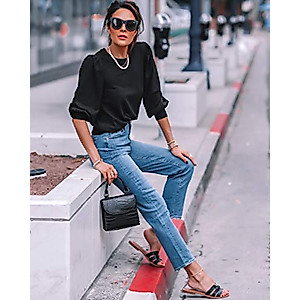 The Drop Women's Leona Short Puff Sleeve Crew Neck French Terry Sweatshirt, Black, S