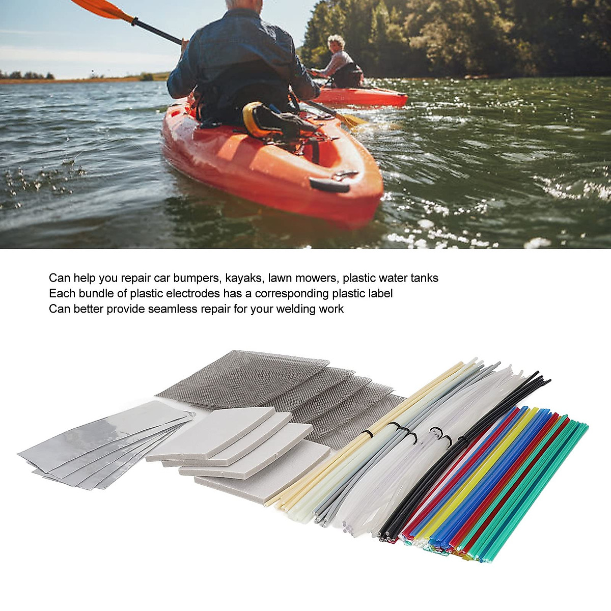 Plastic Welding Rods,106PCS Plastic Welding Rod 12 Colors ABS PP PU PE PA PC TPO Welder Rod for Car Bumper Kayak Repair Kit with Reinforcing Stainless Steel Mesh Plastic Welding Supplies, Plasti