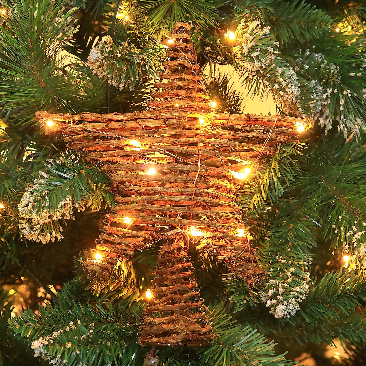 Christmas Tree Topper,Lighted Rattan Star Tree Topper with 15 LED Lights for Christmas Tree and Holiday Seasonal Decoration (Thick