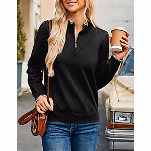 JACK SMITH Black Sweater Women Knit Fall Long Sleeve Argyle Pullover Quarter Zip Ribbed Polo Lightweight V Neck Top L