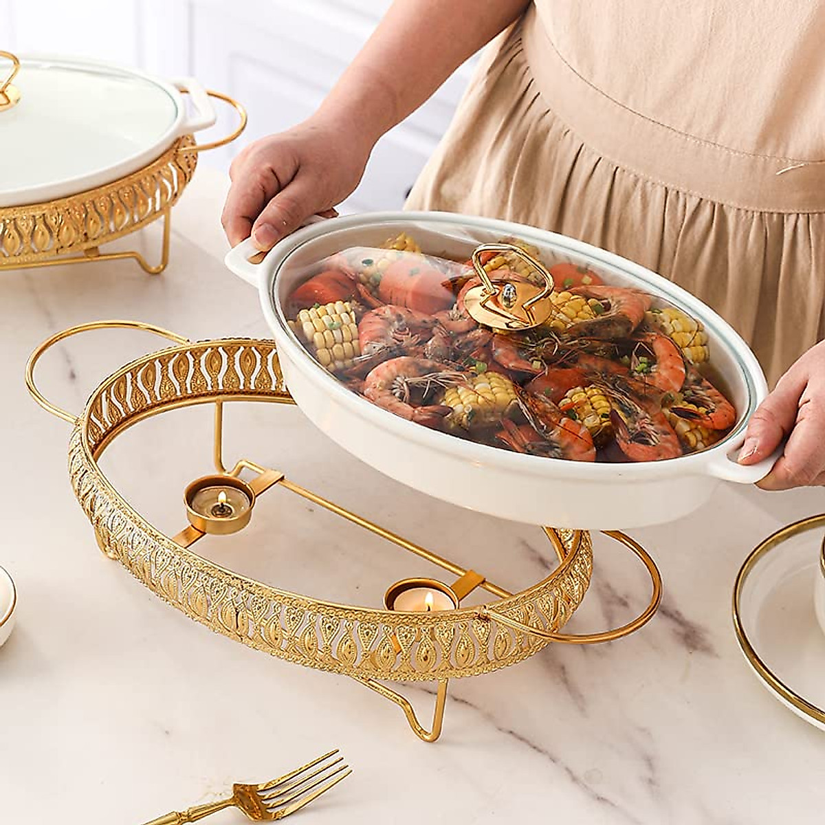 HONHPD 3 Piece Set Stainless Steel Oval Chafing Dish Buffet Set, Ceramic Marble Finish Chafer with Glass Lid, Chafer and Buffet Warmer Set for Buffet Weddings Parties Banquets, Golden