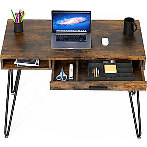 SHW Home Office Computer Hairpin Leg Desk with Drawer, Rustic Brown
