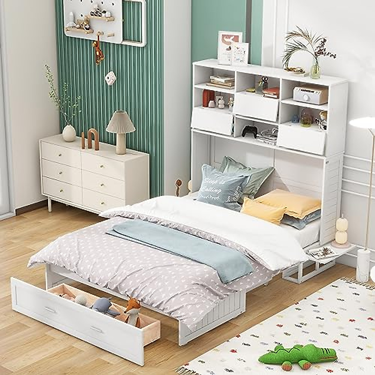 Queen Size Murphy Bed with Bookcase, Bedside Shelves and a Big Drawer, Multi-Functional Murphy Bed for Kids, Teens Bedroom, Space Saving Design & Easy Assembly (White-)