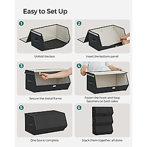 SONGMICS Set of 4 Stackable Storage Bins with Magnetic Closures, Fabric Storage Boxes with Lids, Storage Containers in Wardrobe Closet, Clothes Organizers, Classic Black URLB022B01