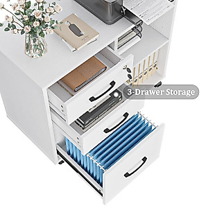 3 Drawer Office File Cabinets, Mobile Lateral Printer Stand with Open Storage Shelf, Rolling Filing Cabinet with Wheels Home Office Organization and Storage (White)