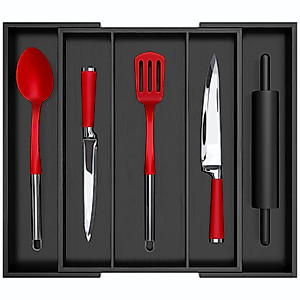 ROYAL CRAFT WOOD Luxury Bamboo Caddy Expandable Drawer and Utensil Organizer, Silverware Holder and Cutlery Tray, 19.6" x17", Black