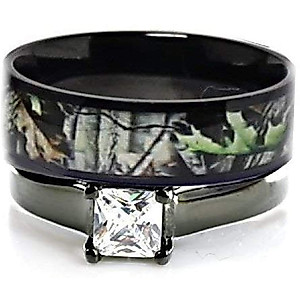 Women`s Black Titanium Camo and Stainless Steel Princess Engagement Wedding Rings Set (Size Women 7)