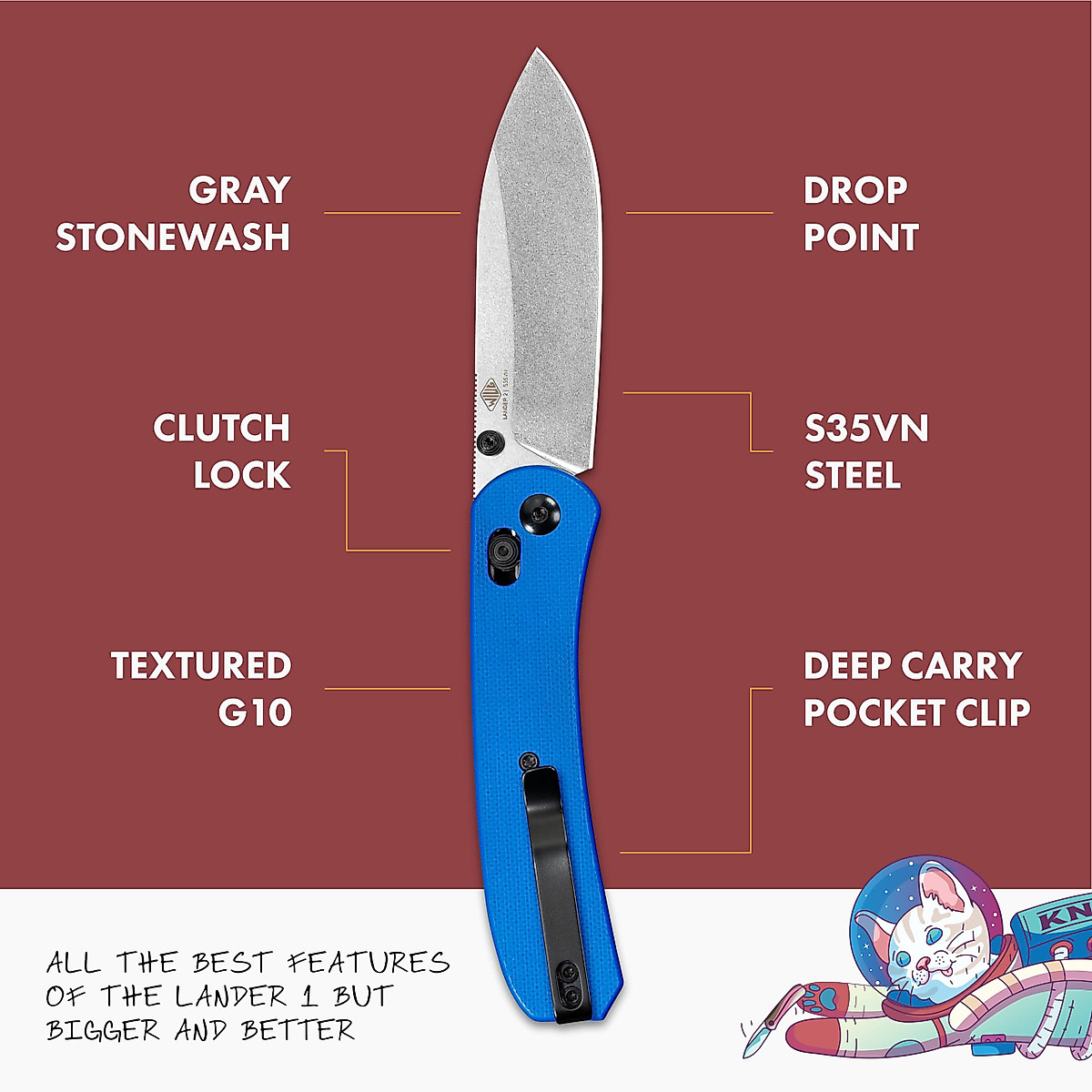 Knafs - Lander 2 Folding Pocket Knife with Clip - EDC for Men, Women, Everyone - Gray Stonewash Blade - Blue G10 Handle