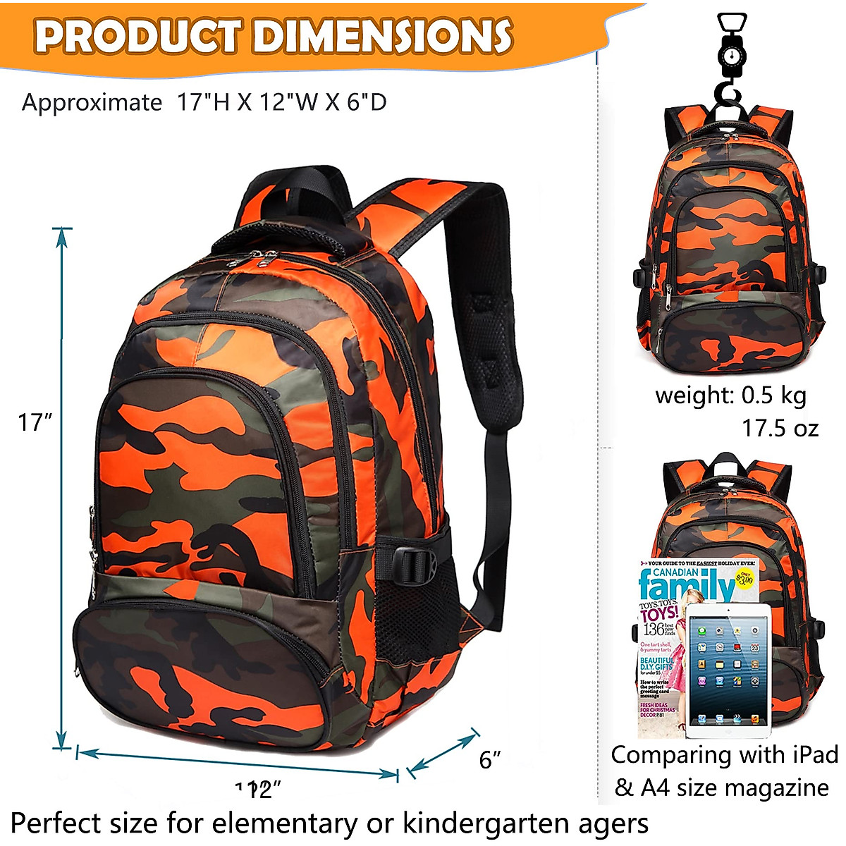 BLUEFAIRY Boys Backpacks Set for Kids Elementary School Bag with Lunch Box Teens Primary Middle School Book Bags Bookbag Schoolbag Sturdy Travel Lightweight Gifts Camo Orange