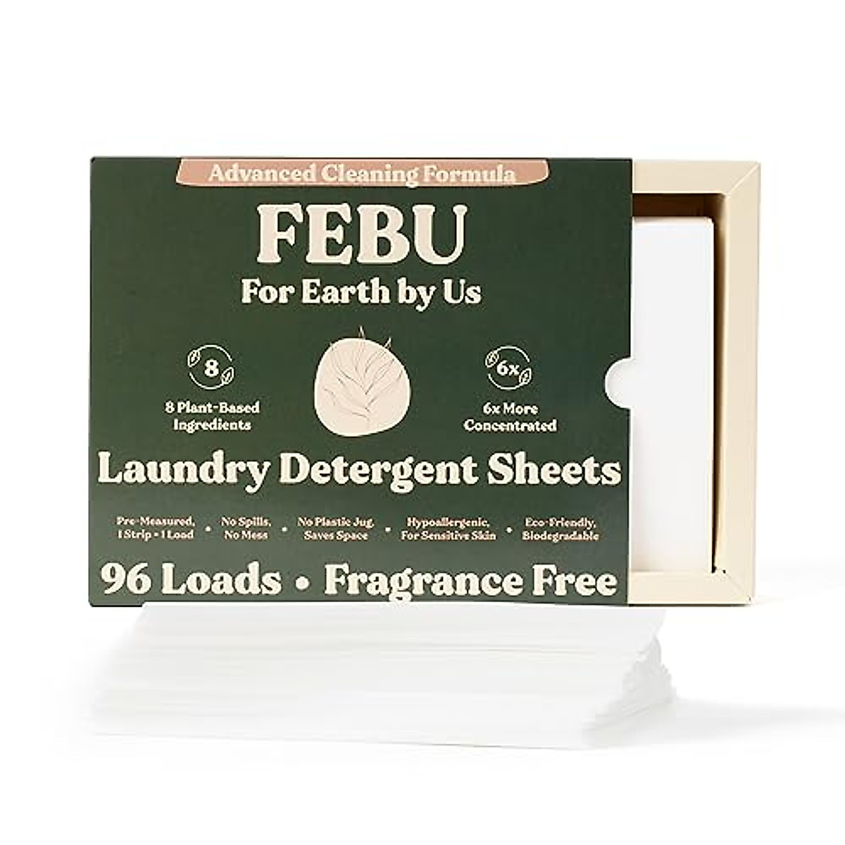 FEBU Eco Friendly Laundry Detergent Sheets | 96 Loads, Fragrance Free | 6x More Cleaning Power With Only 8 Plant-Based Ingredients | Hypoallergenic Laundry Sheets | Zero Waste Laundry Soap Sheets