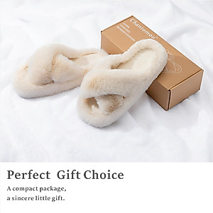 Chantomoo Women's Cross Slippers Memory Foam House Bedroom Slippers for Women Fuzzy Plush Comfy Faux Fur Lined Slide Shoes Anti-Skid Sole Trendy Gift Slippers Beige Size 9 10 8.5
