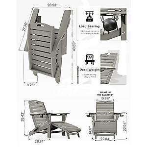 Ciokea Folding Adirondack Chair with Retractable Ottoman Fire Pit Patio Chair with Pull Out Foot Rest Weather Resistant Lawn Outdoor Lounge Chair with 2 Cup Holder (Grey)