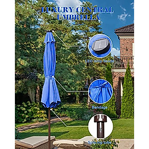 Zersun 9 FT Outdoor Patio Umbrellas with 32 Solar Lights 8 Ribs/Tilt Adjustment and Crank Lift System - LED Table Umbrella Outdoor Patio for Garden, Deck, Backyard, Pool and Beach - Navy Blue
