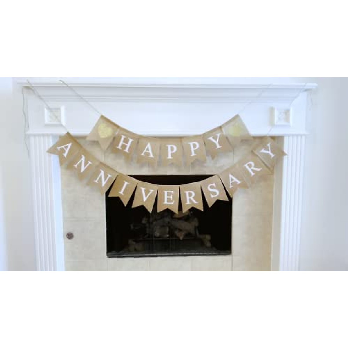 Shimmer Anna Shine Happy Anniversary Burlap Banner for Wedding Anniversary Decorations with Gold Glitter Hearts
