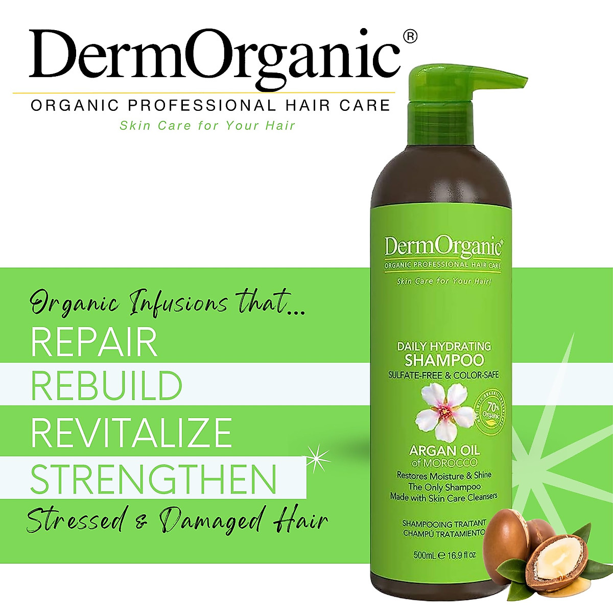 DermOrganic Argan Oil Daily Hydrating Hair Care-Sulfate Free & Color Safe-SHAMPOO 16.9 oz