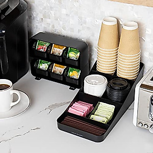 Mind Reader Anchor Collection, Coffee and Tea Dispenser Set, Includes a Cup and Condiment Organizer and a 6-Drawer Tea Bag Organizer, Countertop Organizer Set, Set of 2, Black