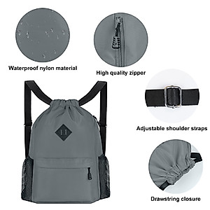 Oziral Drawstring Backpack Water-Resistant Sports Gym Bag with Shoe Compartment and Two Side Mesh Pockets String Backpack for Men and Women (Grey)