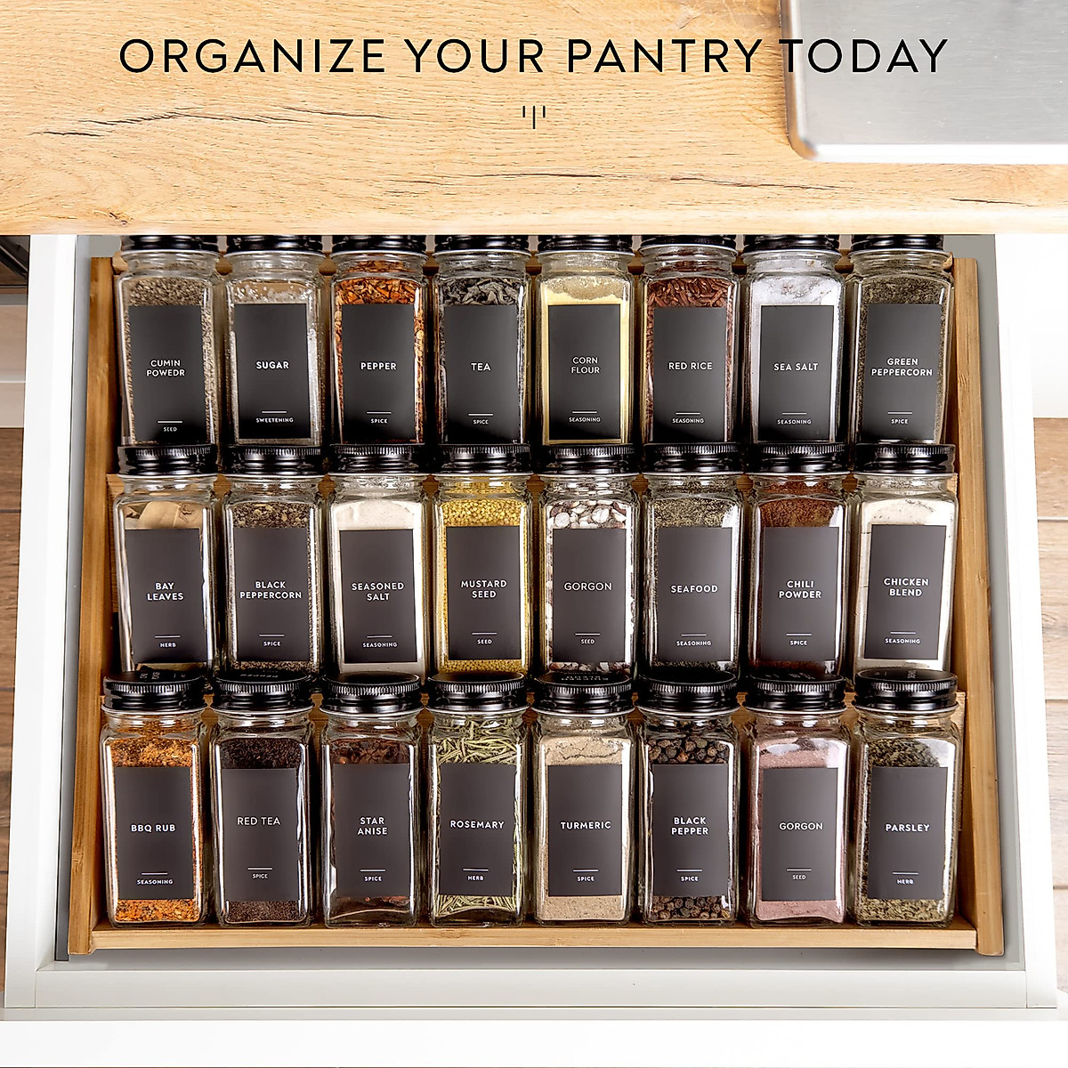 Laramaid 4oz 24Pack Spice Jars with 455 Black Vinyl Spice Labels, Shaker Lids Dispenser with Airtight Black Metal Caps, Cleaning Brush and Collapsible Silicone Funnel Complete Set