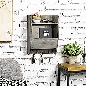 MyGift Wall Mounted Vintage Gray Solid Wood Entryway Key and Mail Organizer Holder and Display Shelf with 3 Hooks
