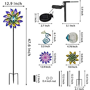 Peacock Solar Wind Spinner Garden Yard Decor, Outdoor Decorative Metal Wind Sculpture with Cracked Glass Ball, Waterproof Art Windmill Landscape Stake Light for Lawn Patio Pathway Yard Courtyard Decor
