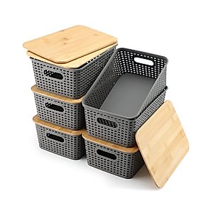 Storage Bins with Bamboo Lids Set of 6 Lidded Storage Container Plastic Baskets Organizer Bins for Organizing Kithen Room Bedroom Office Closet, Sturdy(Grey)