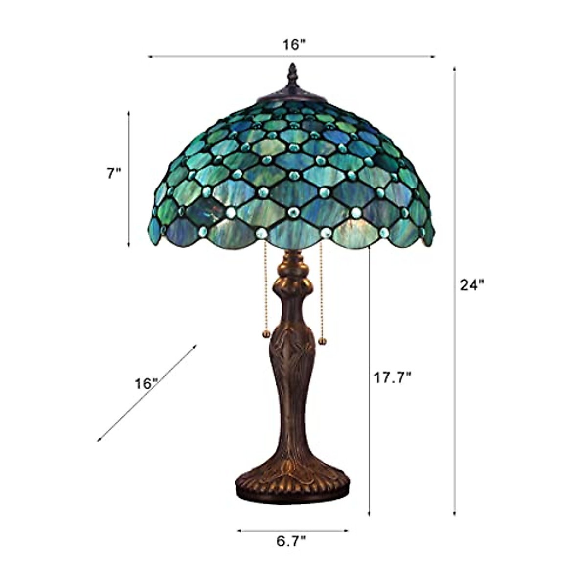 ZJART Tiffany Lamp Blue Stained Glass Peal Bead Style Reading Table Lamp W16H24 Inch Bedside Nightstand Desk Work Study Desktop Light Decor Home Kids Bedroom Living Room Office Pull Chain Switch