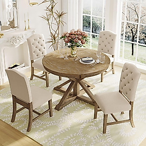 P PURLOVE 5 Pieces Round Dining Table Set for 4, Wood Extendable Table and 4 Upholstered Chairs for Dining Room and Living Room, Farmhouse Dining Set (Natural Wood Wash)