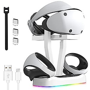 PSVR2 Controller Charging Station - PS5 VR2 Charging Dock Station with Headset Display Stand with RGB Light, for PS VR2 Accessories with LED Indicator, Type-C Cable and 2 Magnetic Charger Clasps