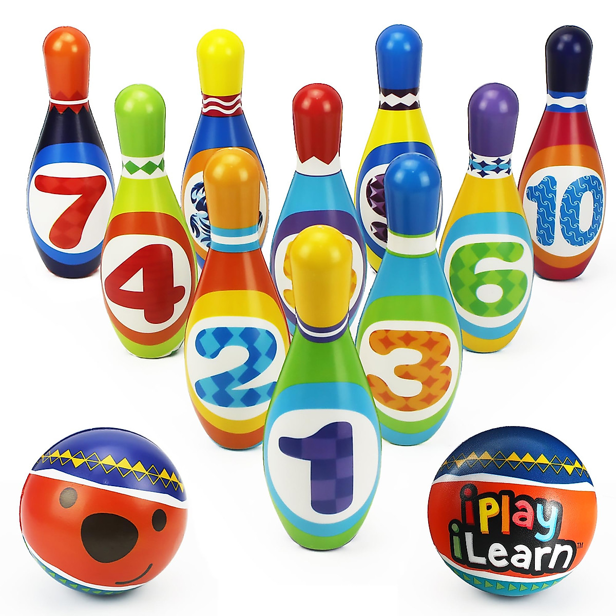iPlay, iLearn Kids Bowling Toys Set, Toddler Indoor Outdoor Activity Play Game, Soft 10 Foam Pins Two Balls Set, Educational Birthday Party Stocking Stuffer Gift 18 24 Month 2 3 Year Children Boy Girl