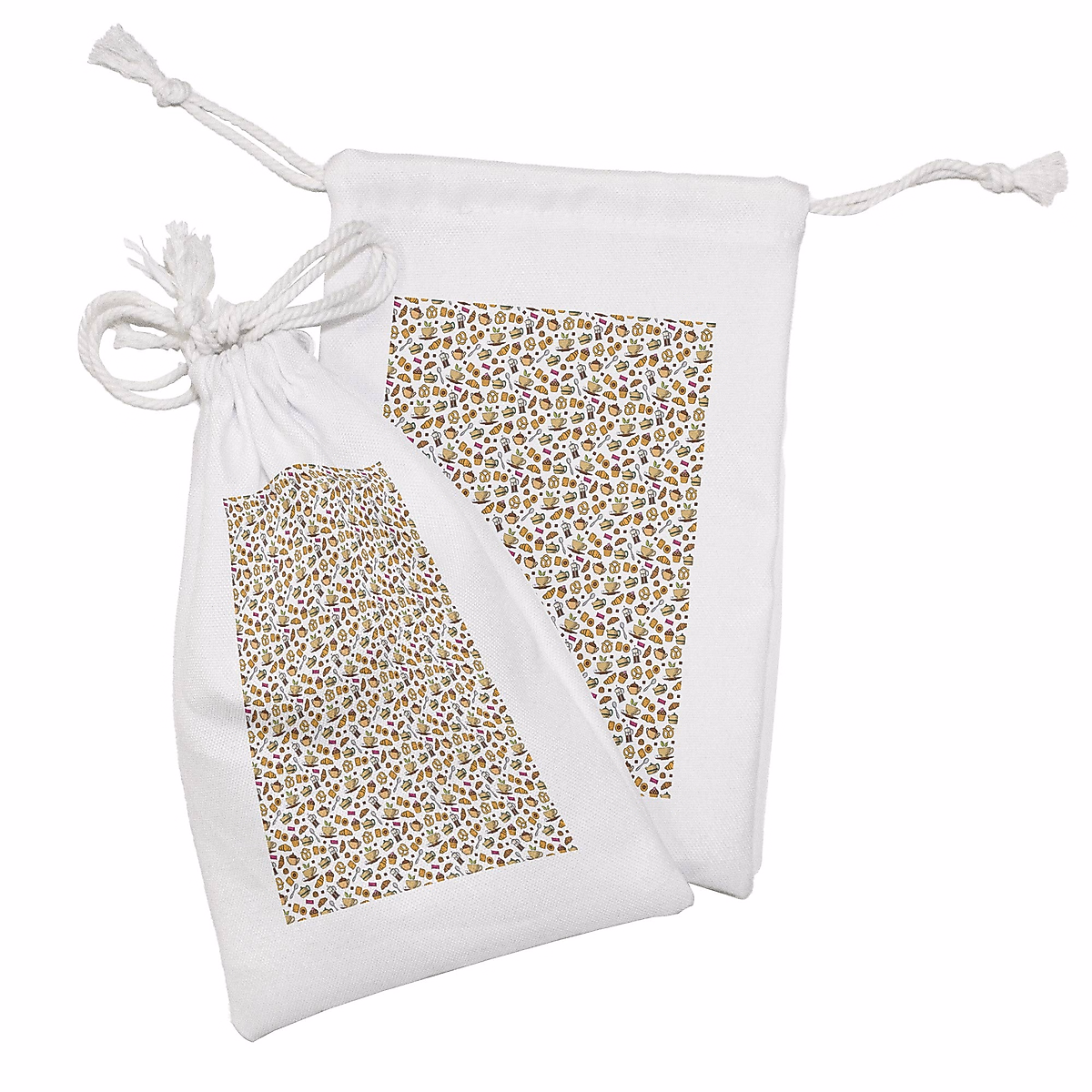 Ambesonne Tea Party Fabric Pouch Set of 2, Spoon Croissant Muffin French Press Coffee After Lunch Pattern, Small Drawstring Bag for Toiletries Masks and Favors, 9" x 6", Pale Orange Multicolor