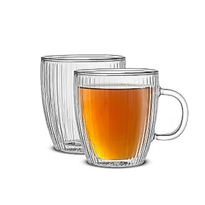 JoyJolt Fluted Glass Coffee Mugs, Double Wall Coffee Mugs. 13.5oz Clear Coffee Mug Set of 2. Latte Glasses, Glass Cappuccino Mugs, Clear Glass Coffee Mug. Ribbed Mugs