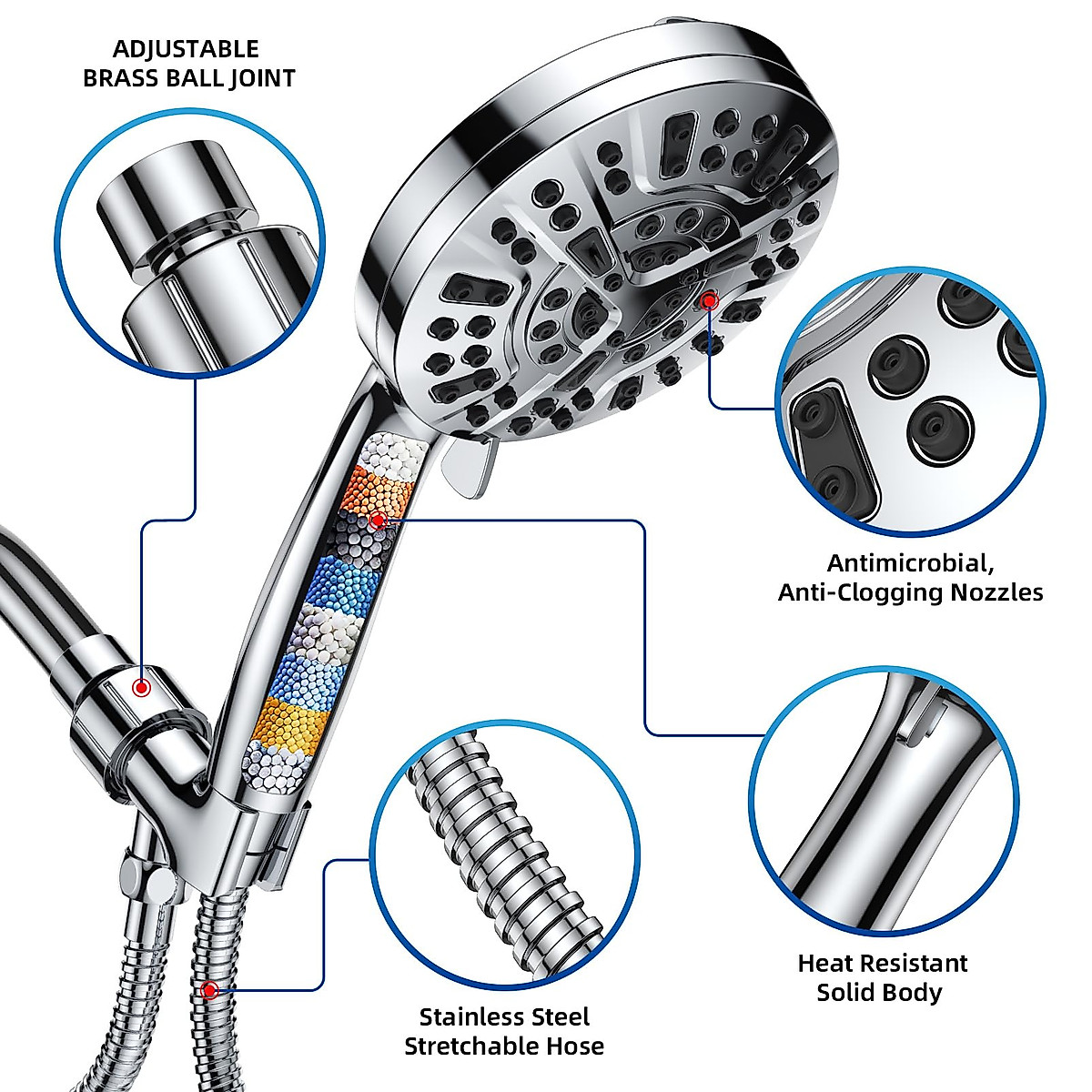 Sosirolo High Pressure Shower Head with Handheld, 10-mode Filtered Detachable 5" Large Showerhead with Hard Water Filter for Bathroom, Anti-clog Shower heads with SS Hose, SO-24, Chrome