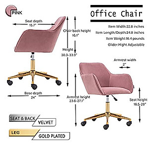 Goujxcy Desk Chair,Modern Velvet Fabric Office Chair,360° Swivel Height Adjustable Comfy Upholstered Leisure Arm Accent Chair (Pink)