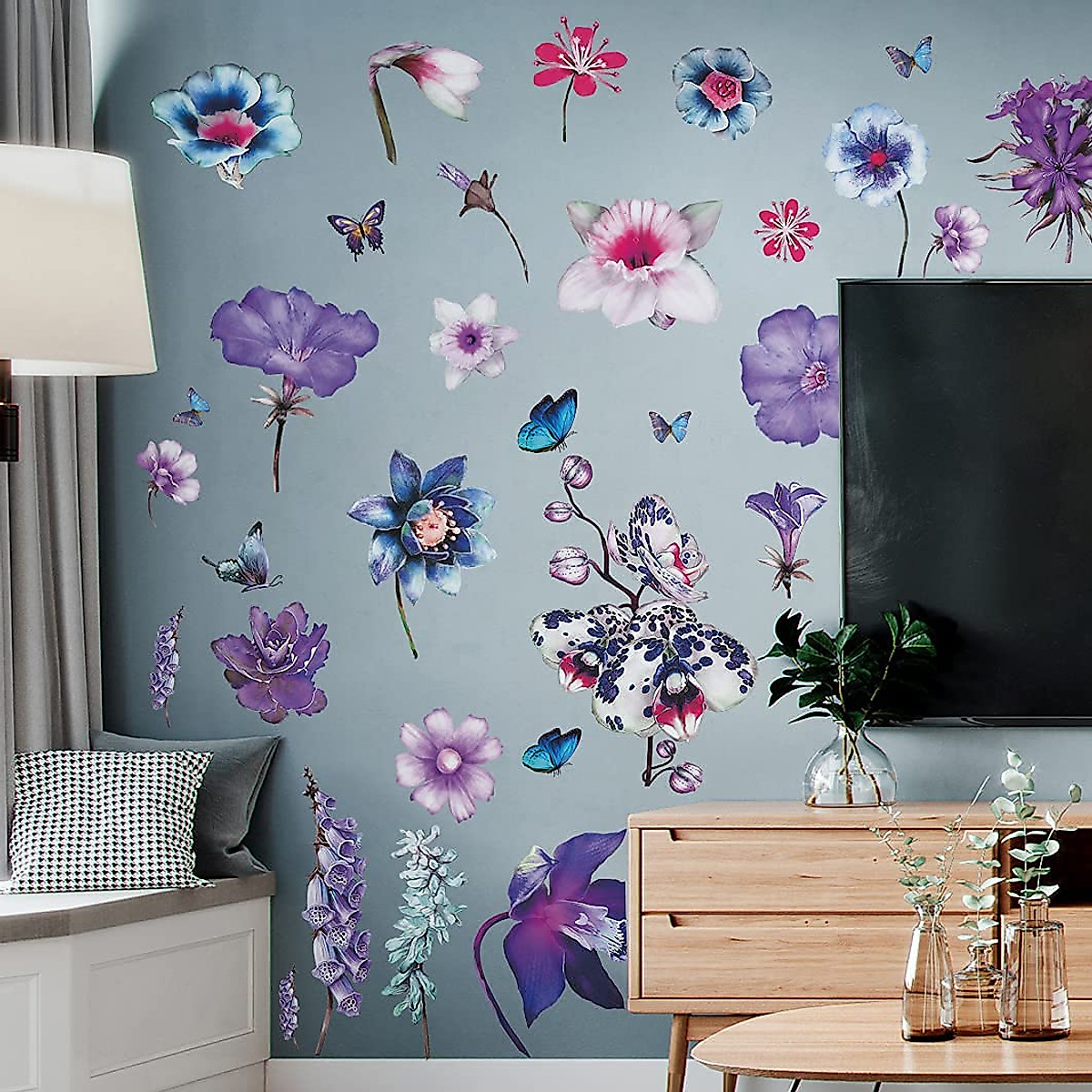 25 Pieces Purple Cluster Flowers Wall Decals Morning Glory Wall Stickers Peony Wall Decal Lotus Wall Sticker DIY Removable Butterfly Decor for TV Background Girls Bedroom Nursery Classroom Living Room