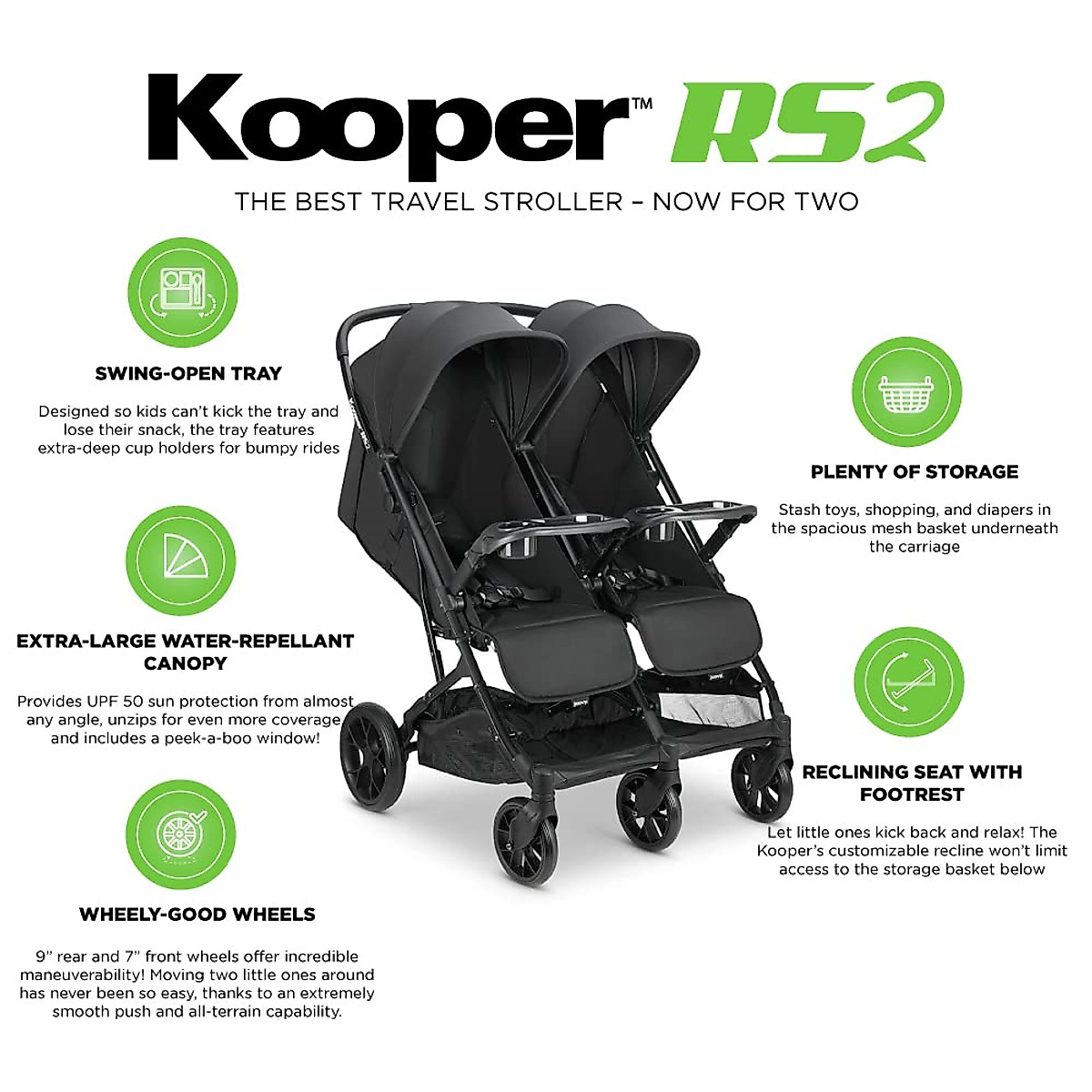 Joovy Kooper RS2 Lightweight Travel Double Stroller Featuring Dual Snack Trays, One-Handed Fold, Multi-Position Reclining Seats, Adjustable Leg Rests, and 2 Zippered Pockets for Storage