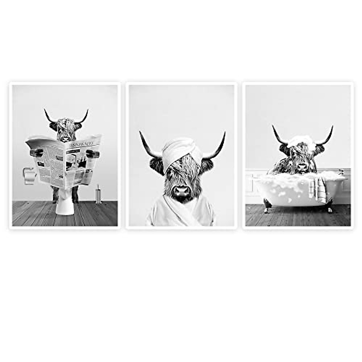YLYYOO Funny Highland Cow Bathroom Wall Art,black and White Canvas Wall Art Farmhouse Bathroom Wall Decor,highland Cow Pictures Prints for Wall Decor Set of 3 Unframed. (Black,3PCS-12"x16"-Unframed)