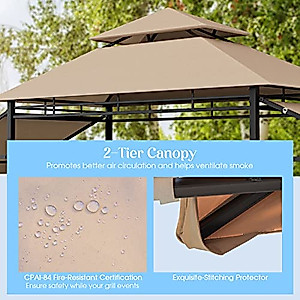 Double Tiered Grill Gazebo, 13.5 x 4 Feet Patio BBQ Grill Gazebo with Dual Side Awnings Outdoor BBQ Patio Canopy Tent (Beige)