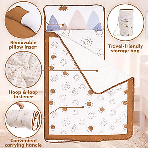 Toddler Nap Mat with Removable Pillow & Minky Blanket, Soft Wool Nap Mat, Rollup Design Kids Sleeping Bag for Daycare Preschool Travel Camping, Large Toddler Sleeping Bag for Boys & Girls, Brown