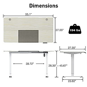 WOKA 55 x 28 Inch Electric Standing Desk, Height Adjustable Stand Up Desk, Sit Stand Desk with Memory Controllers, Adjustable Desks for Home Office with White and Grey Top and White Frame