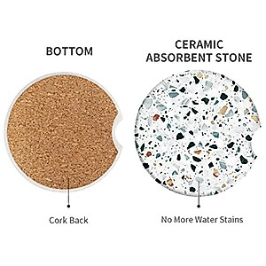 Car Coasters for Drinks Absorbent, 2 Pack Cup Holders, 2.56" Ceramic Stone & Non-Scratch Cork Base Coasters, Auto Accessories for Women & Men, Classic Italian Floor Venetian Natural