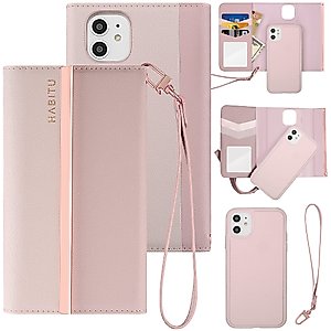HABITU [Folio Collection 2022 Eris Tri-Fold Pink Wallet Case for iPhone 12 Pro Max, Detachable Vegan Leather Magnetic Folio with Card Pockets, Mirror & Strap for Women, for Women