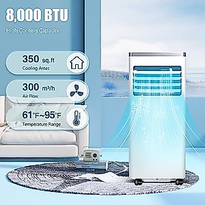 R.W.FLAME Portable Air Conditioner,8000 BTU Powerful Home AC Unit with Built-in Dehumidifier & Fan Mode,Cools 350 Sq.Ft,Functional Portable AC with Remote Control,24Hrs Timer,Installation Kit, White