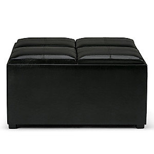 SIMPLIHOME Avalon Wide Contemporary Square Coffee Table Storage Ottoman Vegan Faux Leather, Assembled, for The Living Room and Bedroom, 35 inch, Midnight Black