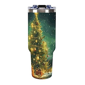 LLUTSNTH 40 Oz Vacuum Tumbler with Deep Blue Handle Leakproof Insulated Tumbler Christmas Trees Stainless Steel Travel Mug with Lid And Straw Coffee Cup Cute Water Bottles Cup Holder Friendly