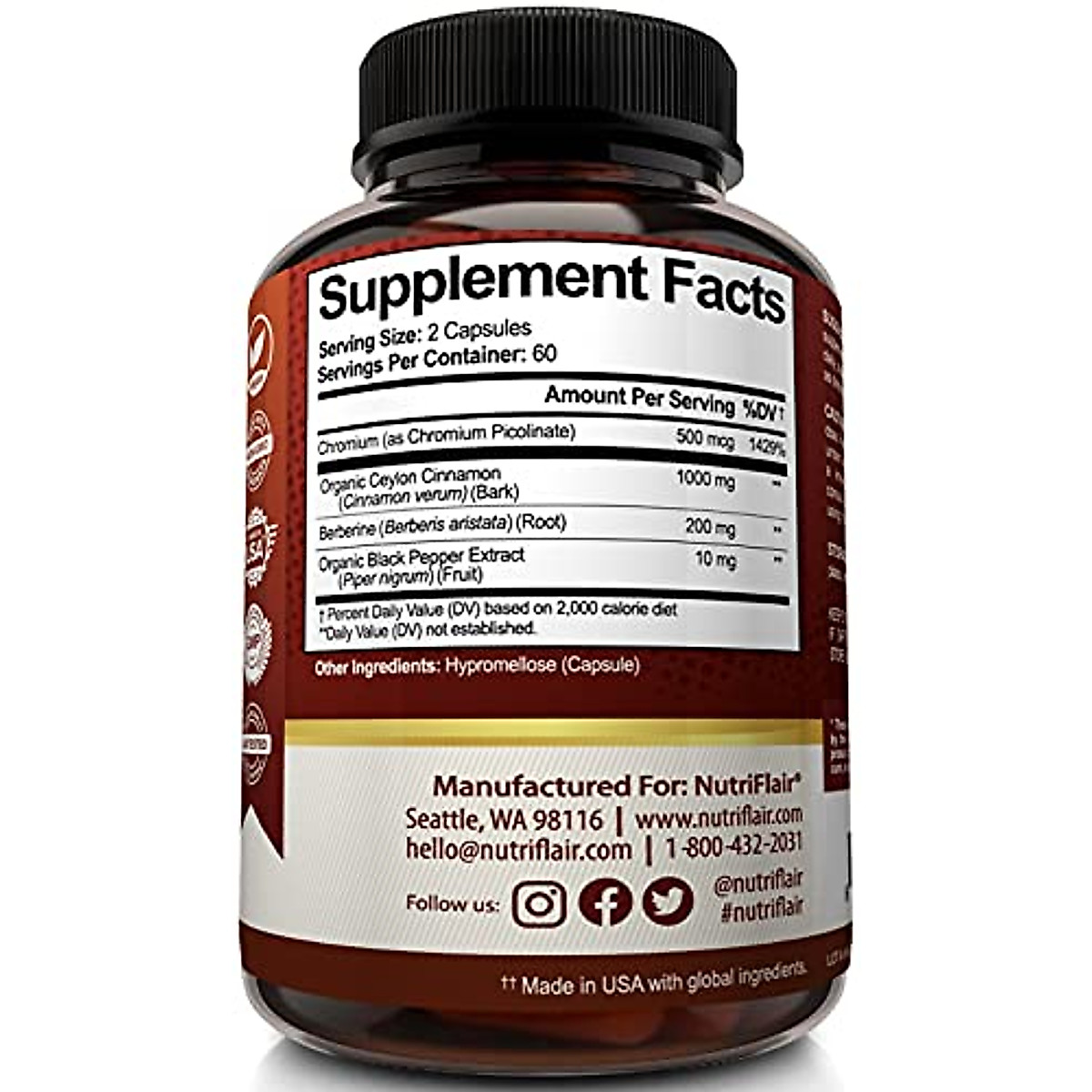 NutriFlair Ceylon Cinnamon, Berberine HCL, Chromium, Black Pepper Extract (Made with True Ceylon Cinnamon) - 1200mg per Serving, 120 Capsules - Lipid Levels, Antioxidant