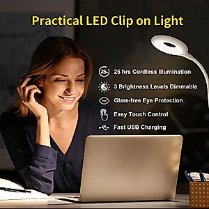 KLEAH Clip on Light for Bed & Desk, Reading in Bed, Dorm, Flexible Gooseneck, Battery Operated Rechargeable Clamp Lamp for Headboard, Eye-Caring LED Light with 3 Brightness Modes