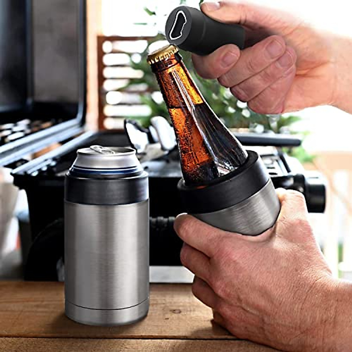 Stepstall Beer Bottle and Can Cooler with Beer Opener, 12 oz. Slim Can Beer Bottle Insulators Holder, Vacuum Insulated Double Walled Stainless Steel, Silver